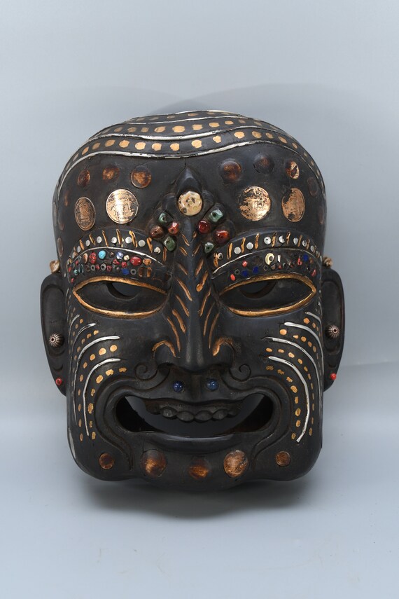Wood Carved face Mask coin stone set Antique shaman Tibetan | Etsy