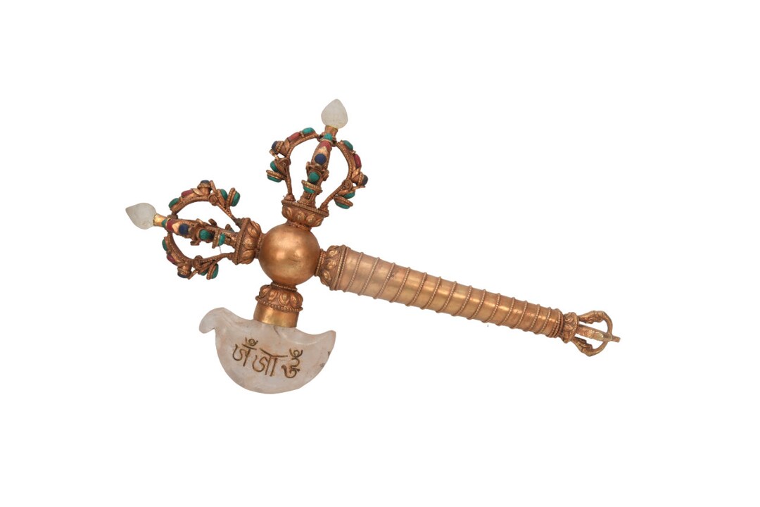 Gold Gilded Antique Tibetan Vajra Crafted Crystal Axe Khatvanga Ritual ...