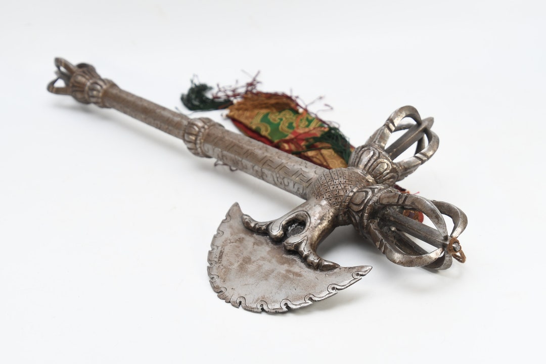 Tibetan Ritual Vintage Rare Iron Khatanga Axe With Vajra Dorje Top ...