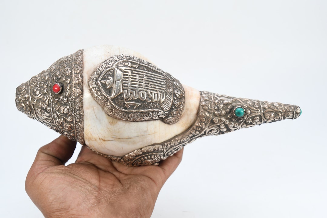 Auspicious Kalachakra Symbol Carved Sankha Conch Shell Handmade Fine ...