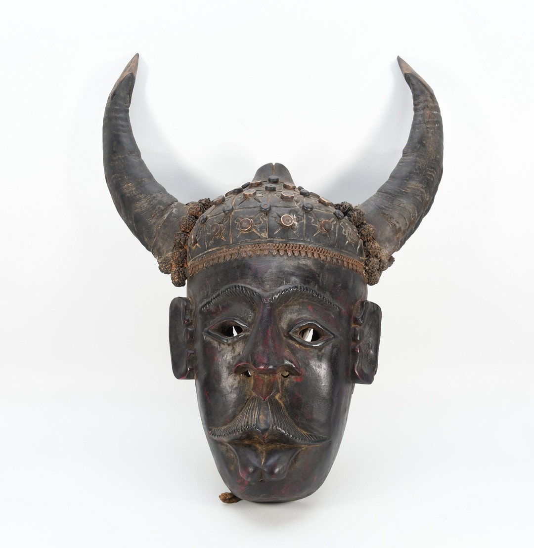 Tibetan Wooden Horn Face Mask Handcrafted Shaman Tantric Tribal Carved ...