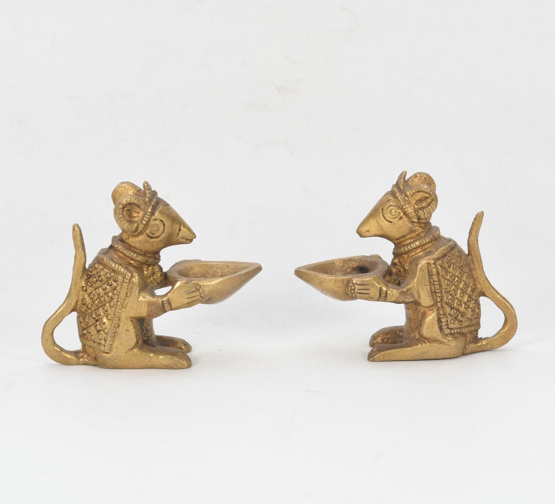 Brass Ganesha Mouse Rat Holding Diya Oil Lamp Pair (2 Pcs) Showpiece ...