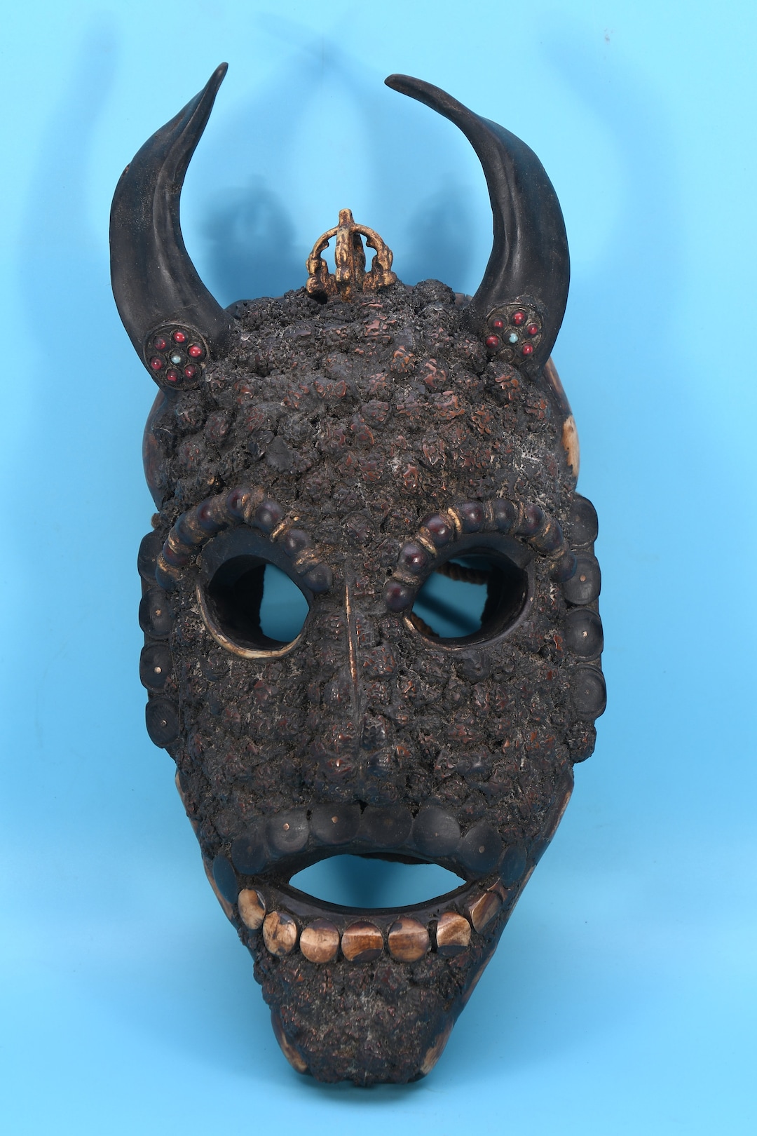 Antique Handmade Rudraksha Beaded Tribal Horned Mask | Vintage Wall ...