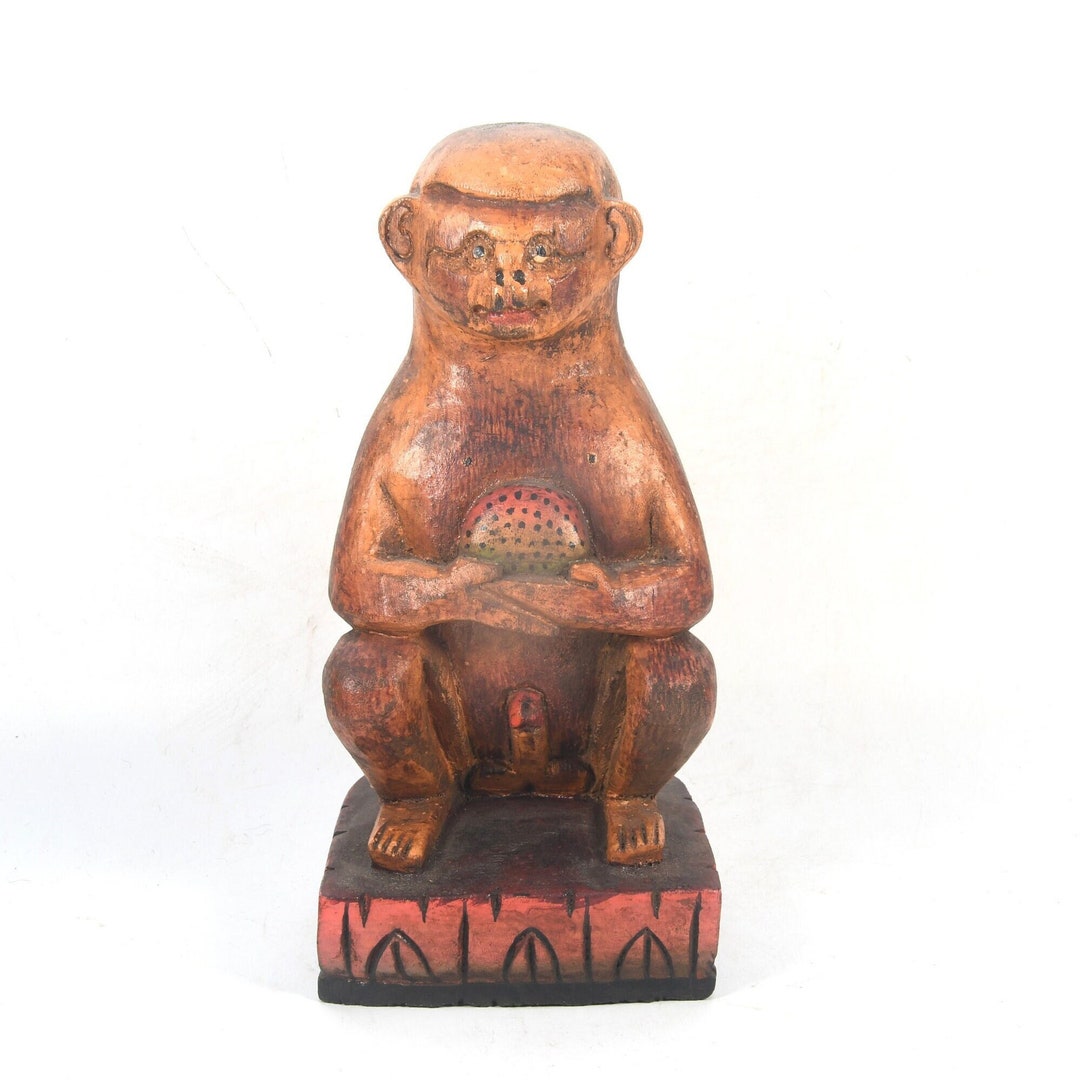 Antique Handmade Wooden Sitting Male Monkey Statue Traditional Artifact ...