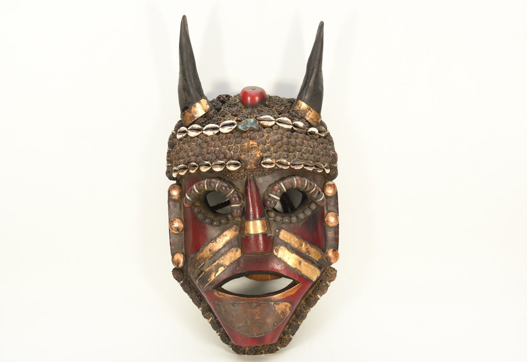 Tibetan Tribal Deity Horn Headed Hand Craved Head Mask Vintage Shaman ...