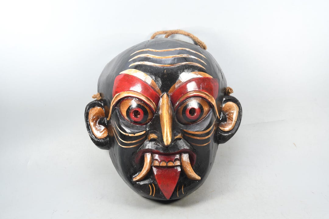 Lakhey Antique Wood Carved Mask - Handcrafted Tribal Wall Hanging ...