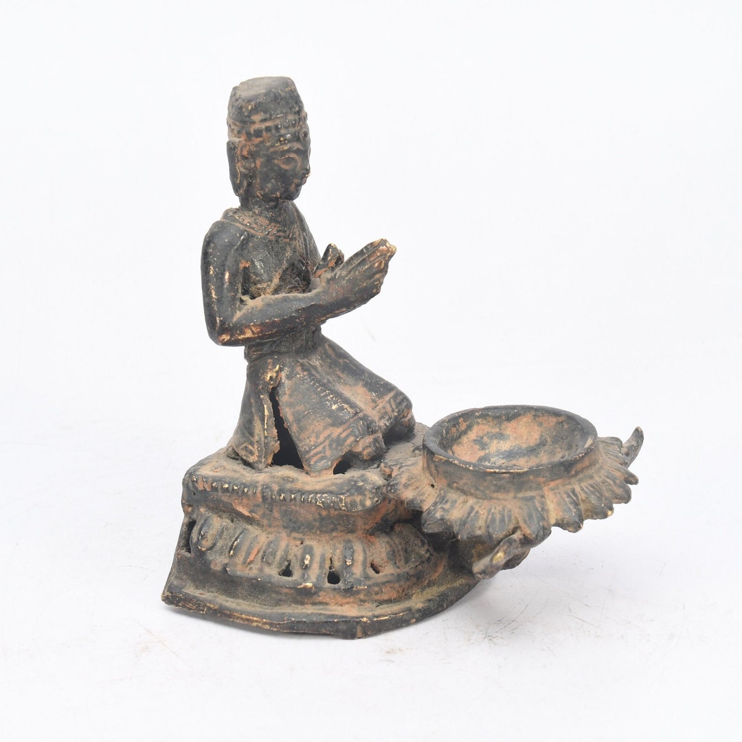 Brass Man Doing Namaste With Diya Light Amazing Sculpture Antique ...