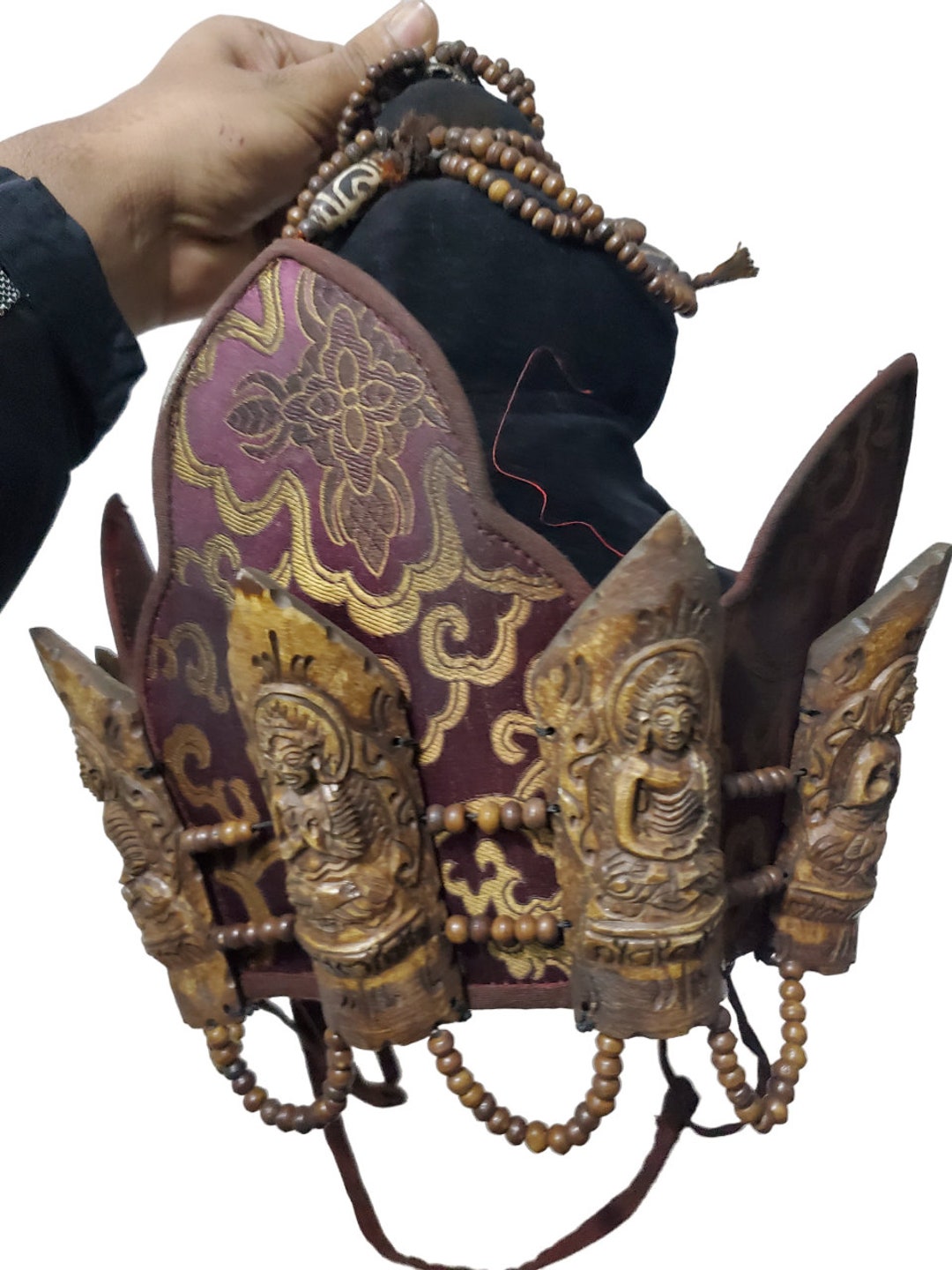 Four Meditating Lord Buddha Carved Antique Brass Hat Ceremonial Wearing ...