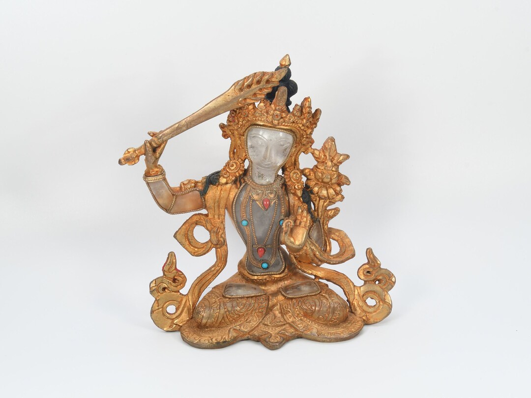 Radiant Wisdom: Antique Handmade Gold-gilded Crystal Goddess Manjushri ...