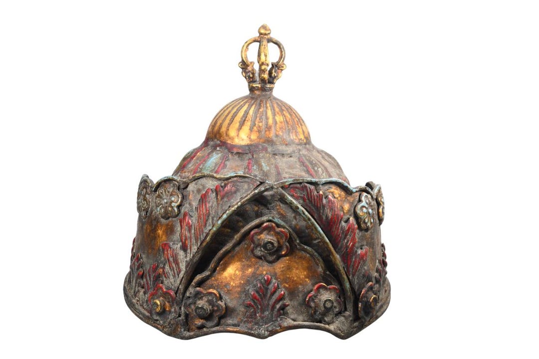 Antique Brass Tibetan Helmet – Gold Gilded Tantric Headdress, Nepal Art ...