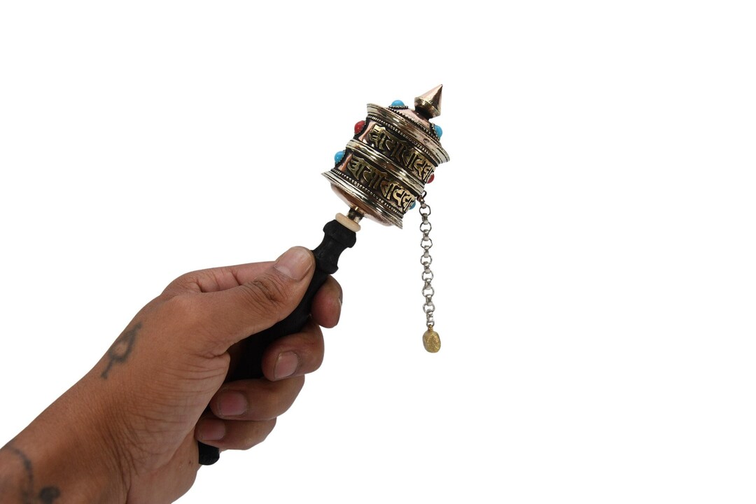 Vintage Wooden Handle Hand Prayer Wheel Tibetan Handcrafted Copper ...