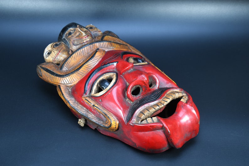 3 Head Red Face Wooden Mask Tibetan Tharu Mask Hand Craved | Etsy