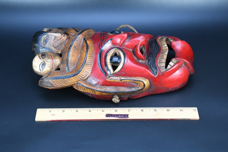 3 Head Red Face Wooden Mask Tibetan Tharu Mask Hand Craved | Etsy