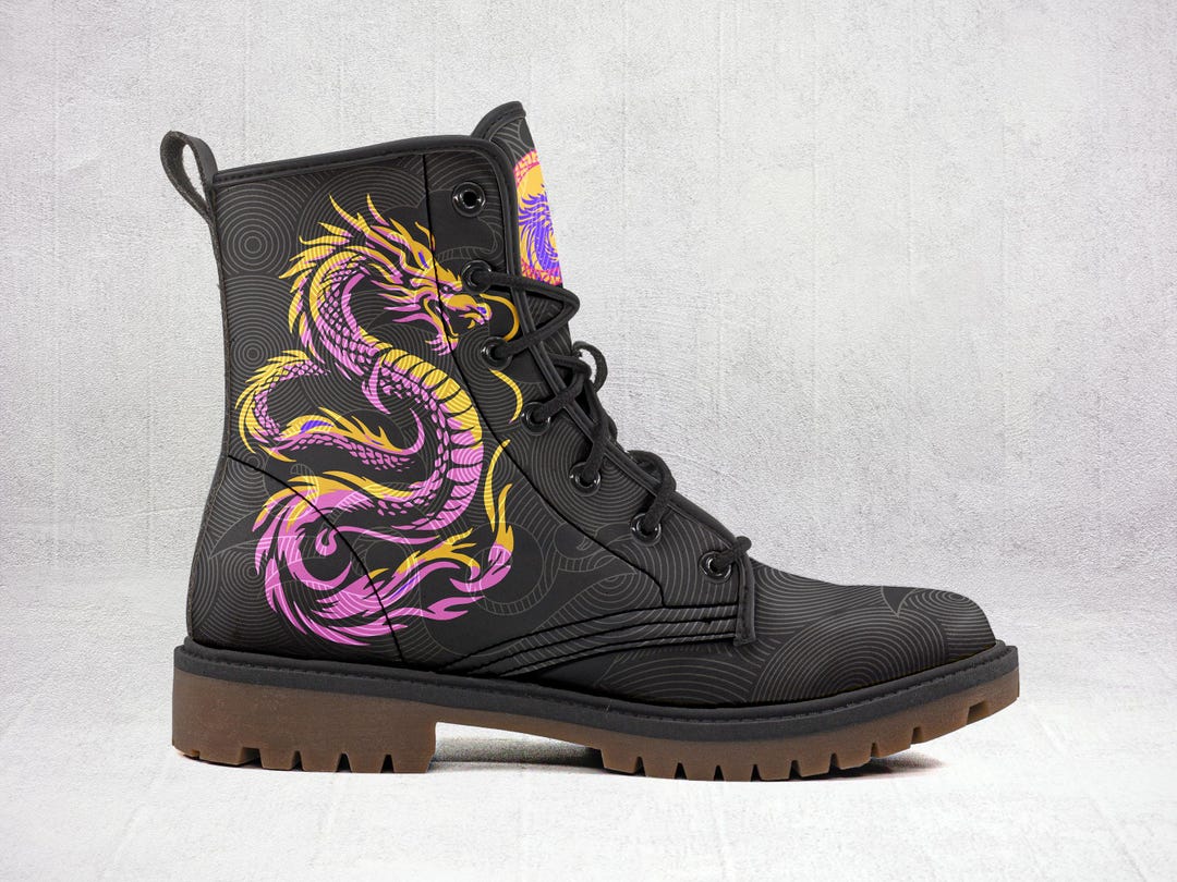 Japanese Dragon Combat Boots: Pink & Gold Vegan Gothic Fashion - Etsy