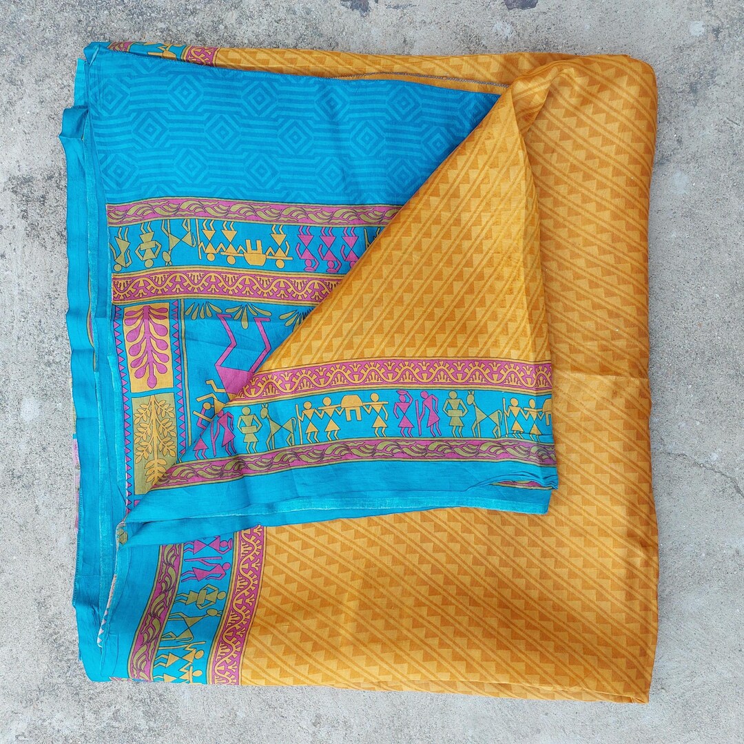 Indian Turquoise Vintage 100% Pure Silk Sari Vintage Indian Silk Saree ...