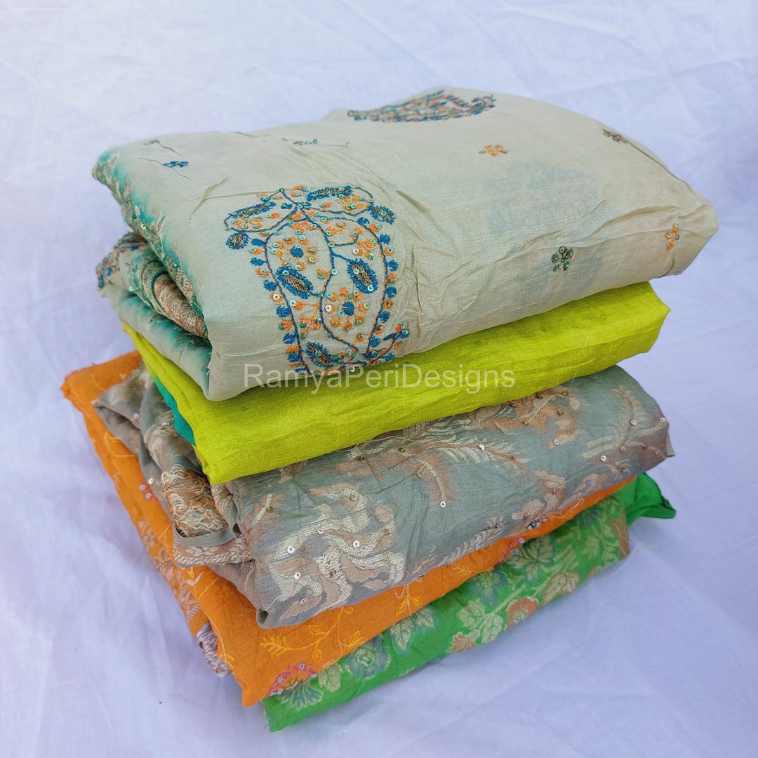 5 Pcs Mix Assorted Vintage Sari 100% Pure Silk Green Sarees Woven 5yd ...