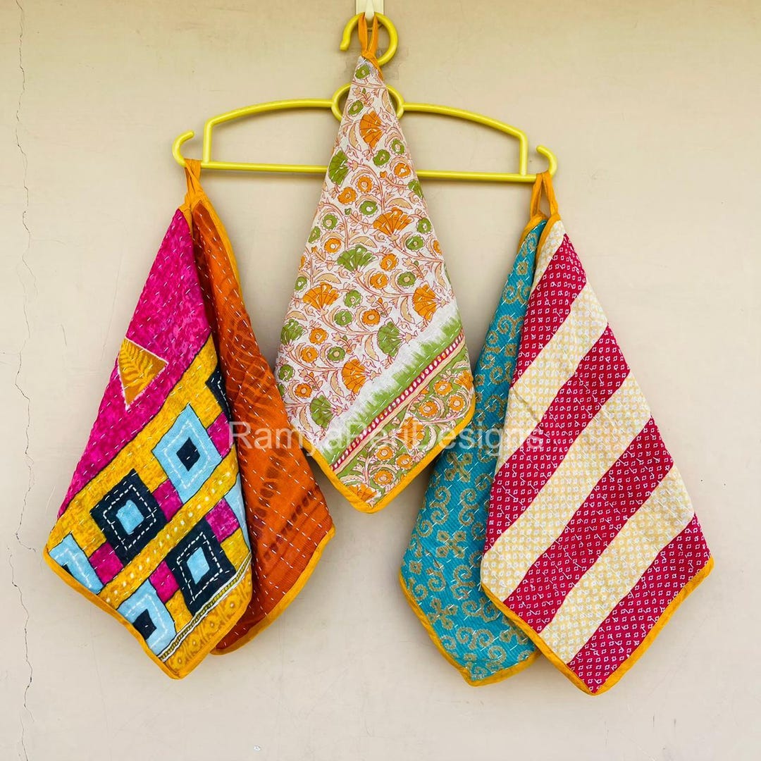 Indian Vintage Kantha Handmade Recycled Cotton Sari Kitchen Towel Set ...