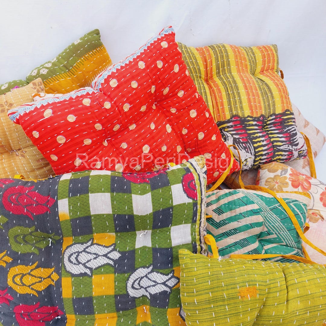 Handmade Kantha Chair Pads (set of 4) - Indian Vintage Cotton Cushions ...