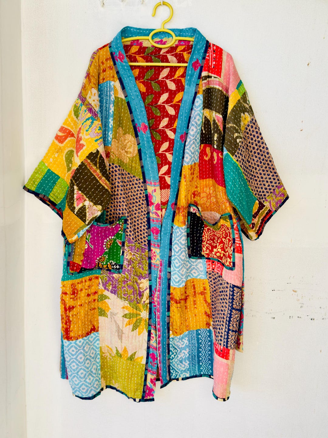 Handmade Vintage Kantha Patchwork Long Kimono Robe: Upcycled Cotton ...