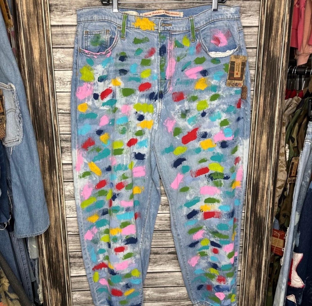 Reworked Hand Created Painted Barrel Leg Acidwashed Denim Jeans ...