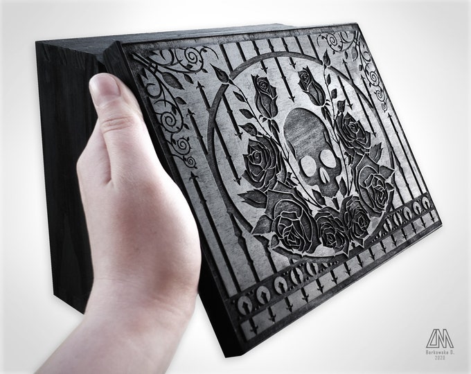 Black, Engraved Box | Goth | Gothic | Skull | Roses | Jewelry ...