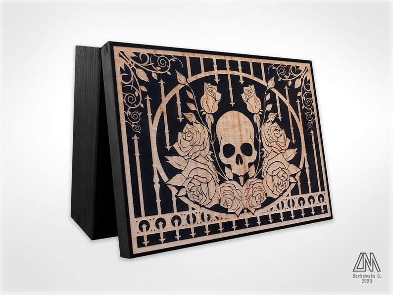 Black engraved box Goth Gothic Skull Roses Vintage | Etsy