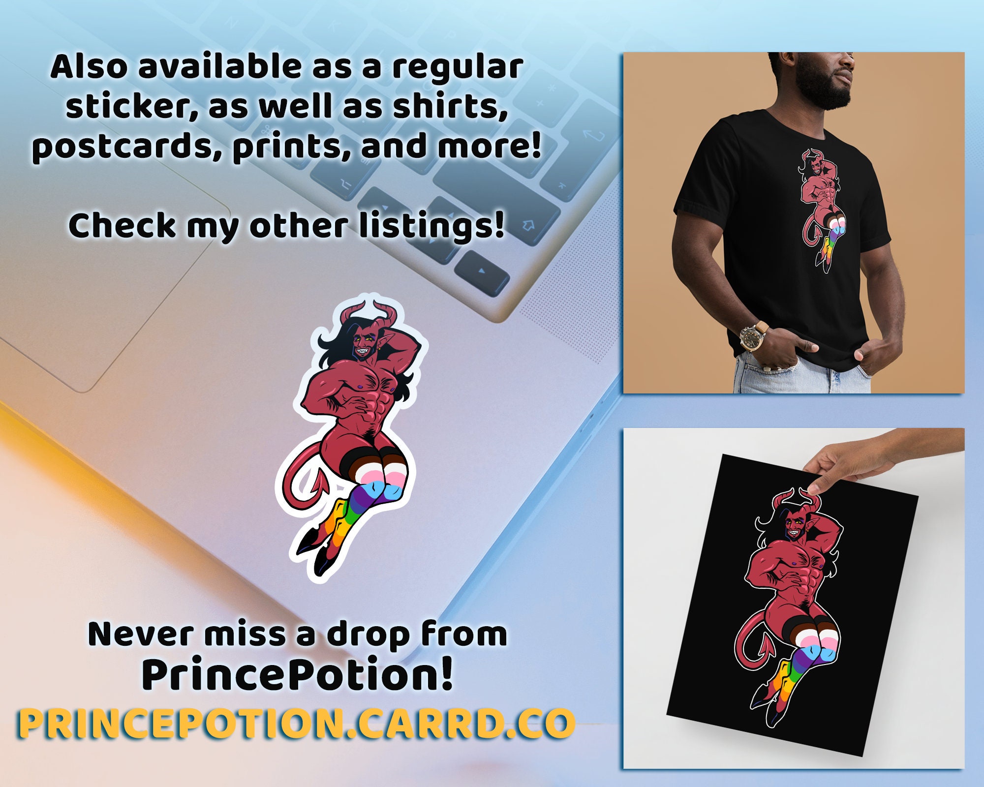 Holographic 4" Sticker - Pride Month Demon With Progress Pride Flag Pin ...