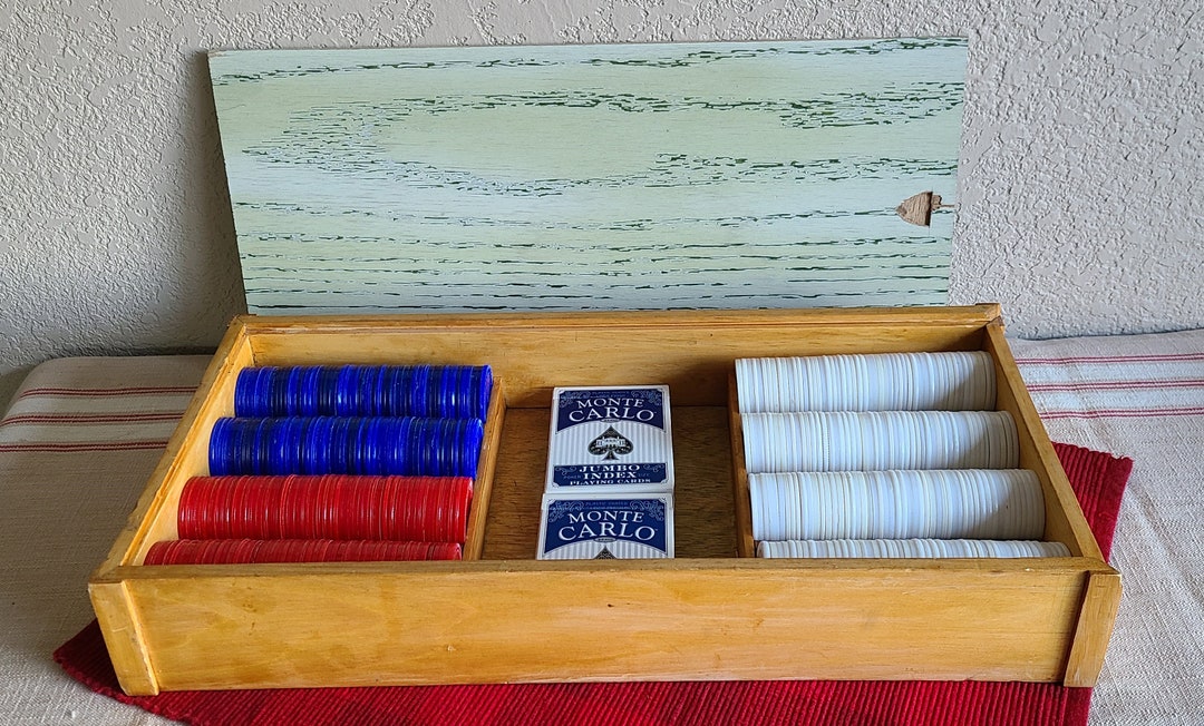 Vintage, Handmade Wooden Poker Chip Case, Plastic Chips, Poker Night ...
