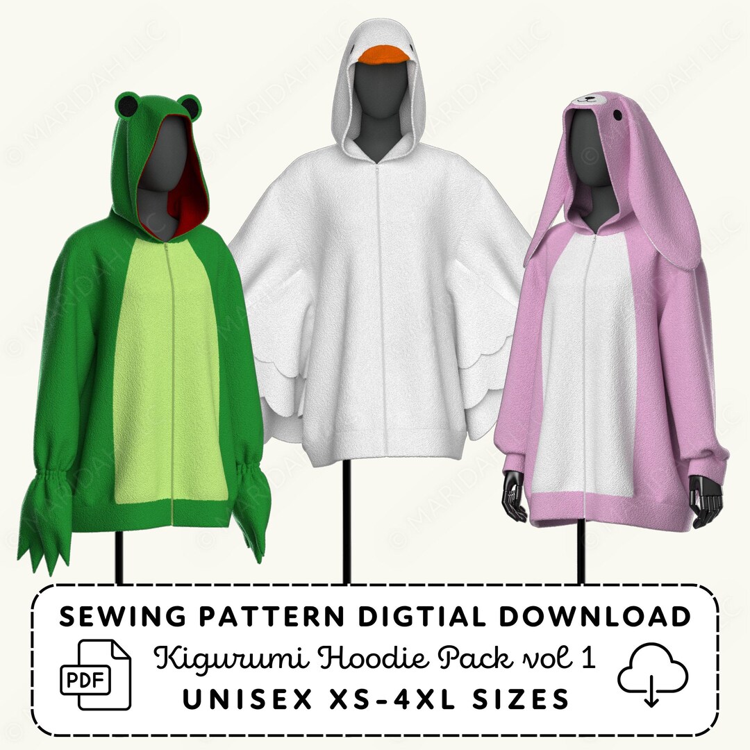 Kigurumi Sewing Pattern | Goose, Bunny, Frog Cosplay Hoodie in XS-4XL ...
