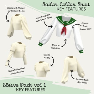 Sailor Collared Shirt and Sleeves Bundle Womens XS-4XL Seifuku Uniform PDF Cosplay Pattern ...