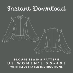 Bishop Sleeve Blouse Sewing Pattern Womens XS-4XL Shirt Pattern Digital ...