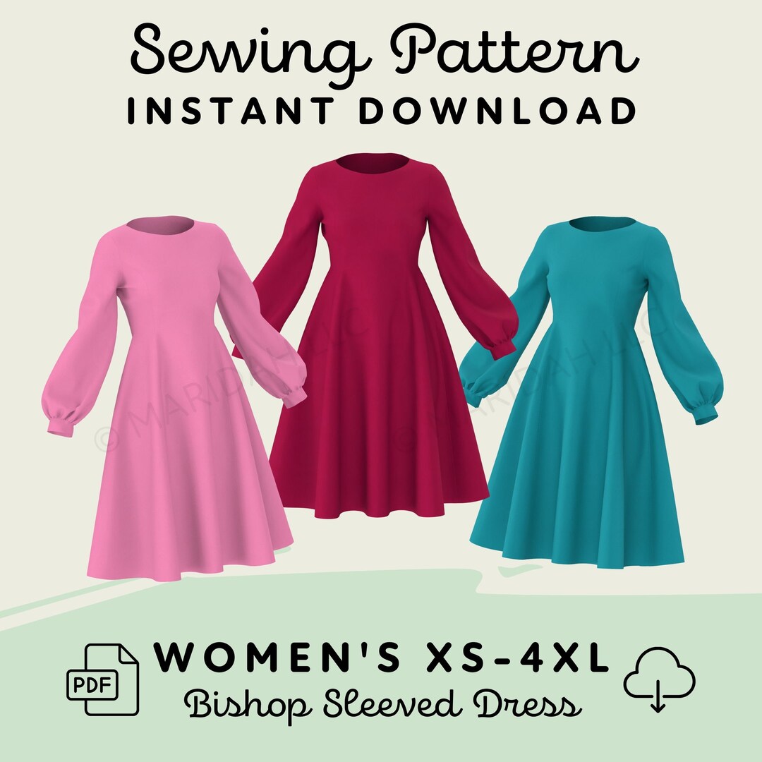 Bishop Sleeve Dress Sewing Pattern Womens XS-4XL Dress Pattern Digital ...