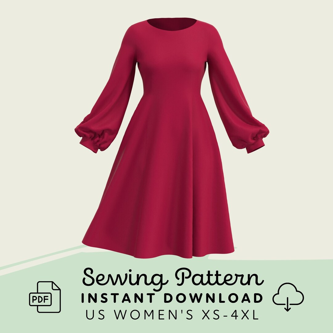Bishop Sleeve Dress Sewing Pattern Womens XS-4XL Dress Pattern Digital ...