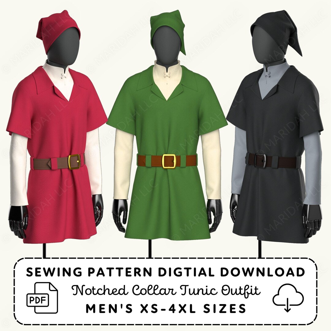Swordsman Tunic Sewing Pattern | Notched Collar Elf Outfit Mens XS-4XL ...