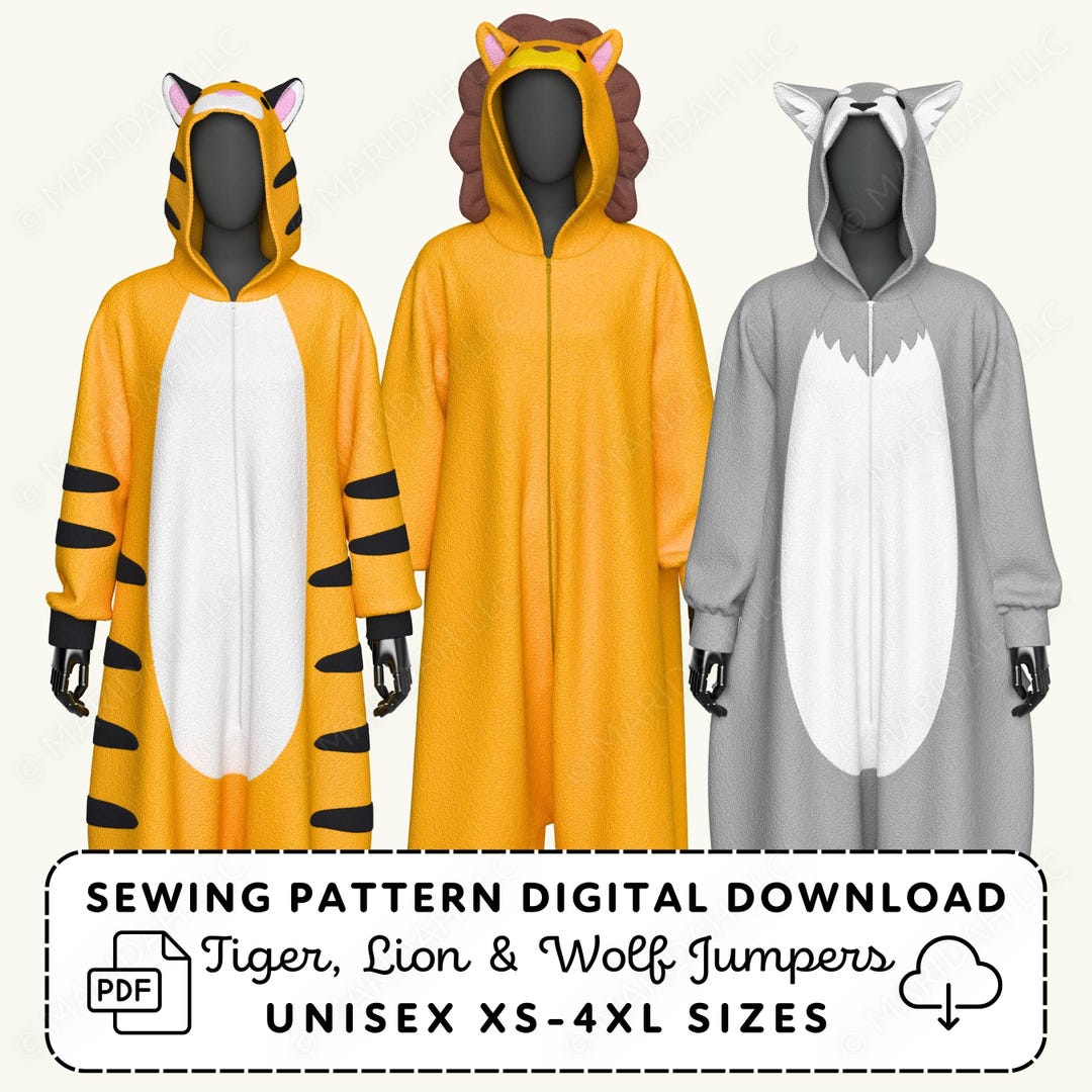 Kigurumi Sewing Pattern | Tiger Lion Wolf Cosplay Pajama Jumper XS-4XL ...