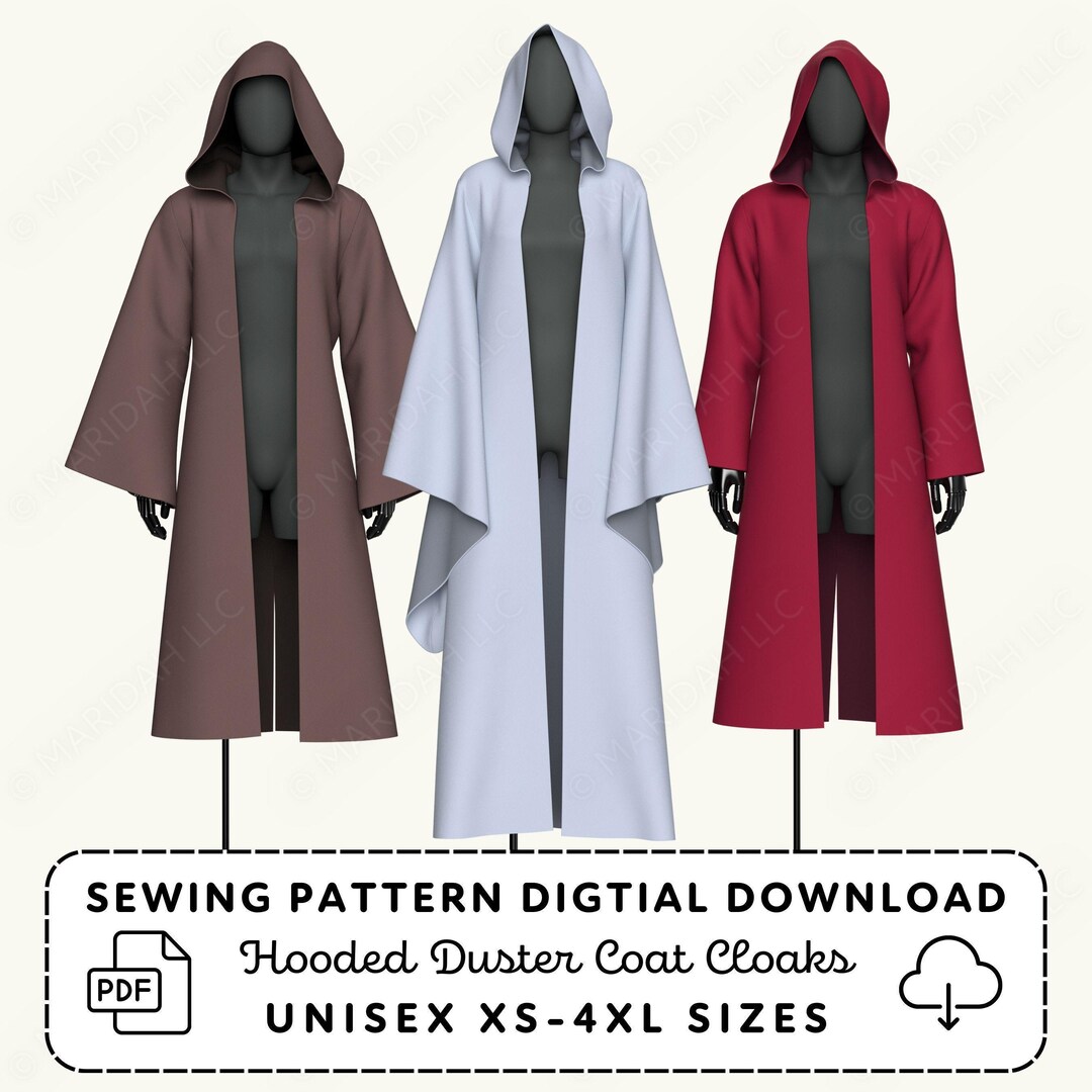 Hooded Duster Coat Sewing Pattern | Cosplay Cloak Wizard Robe XS-4XL ...
