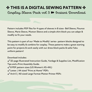 Sleeve Sewing Pattern Pack Vol 3 Womens XS-4XL PDF Cosplay Pattern ...