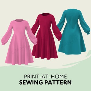 Bishop Sleeve Dress Sewing Pattern Womens XS-4XL Dress Pattern Digital ...