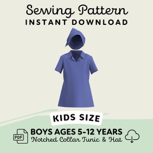 Kids Notched Collar Tunic Sewing Pattern | Boys 5-12 Years PDF Cosplay ...