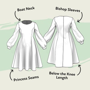 Bishop Sleeve Dress Sewing Pattern Womens XS-4XL Dress Pattern Digital ...