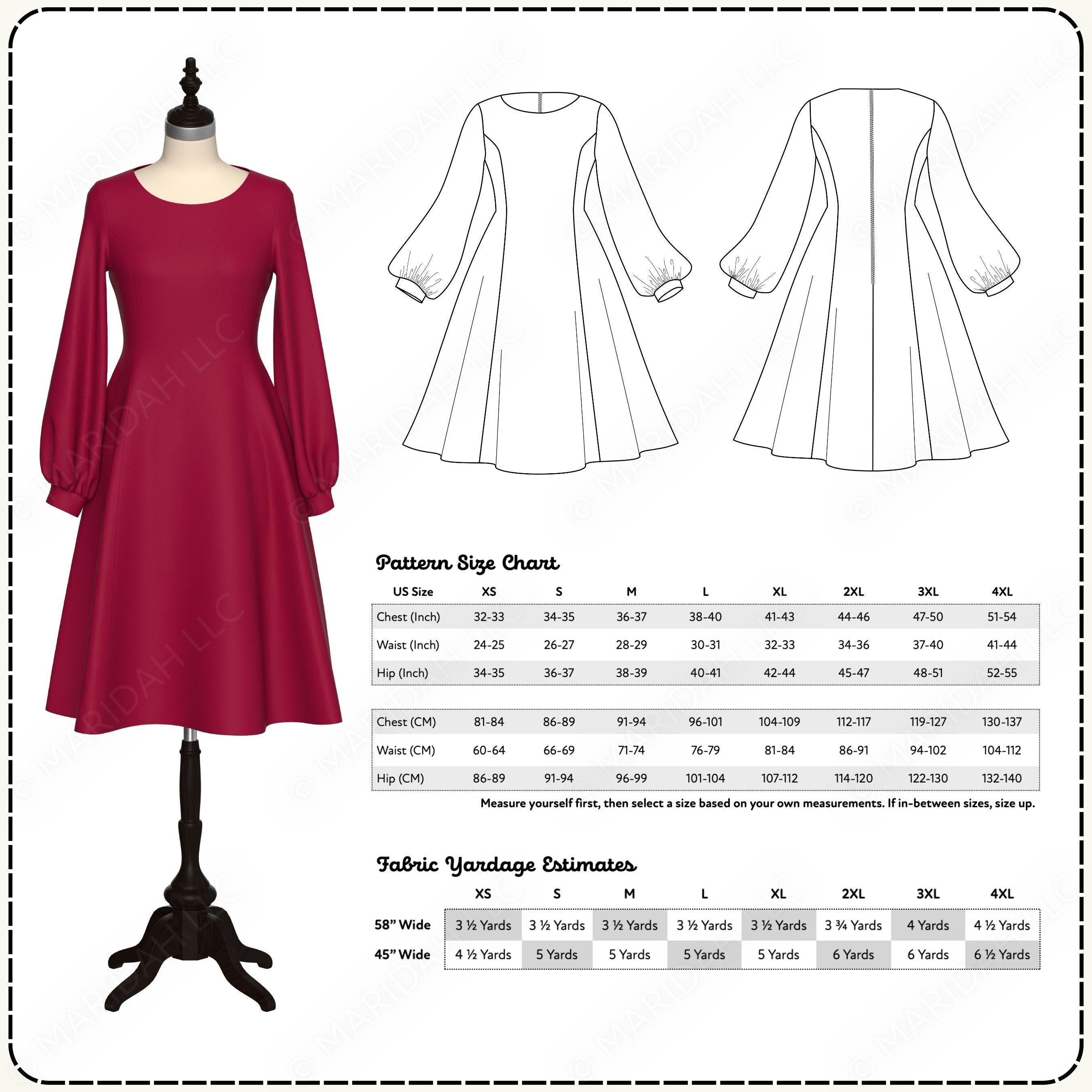 Bishop Sleeve Dress Sewing Pattern | Womens XS-4XL (PDF Digital ...