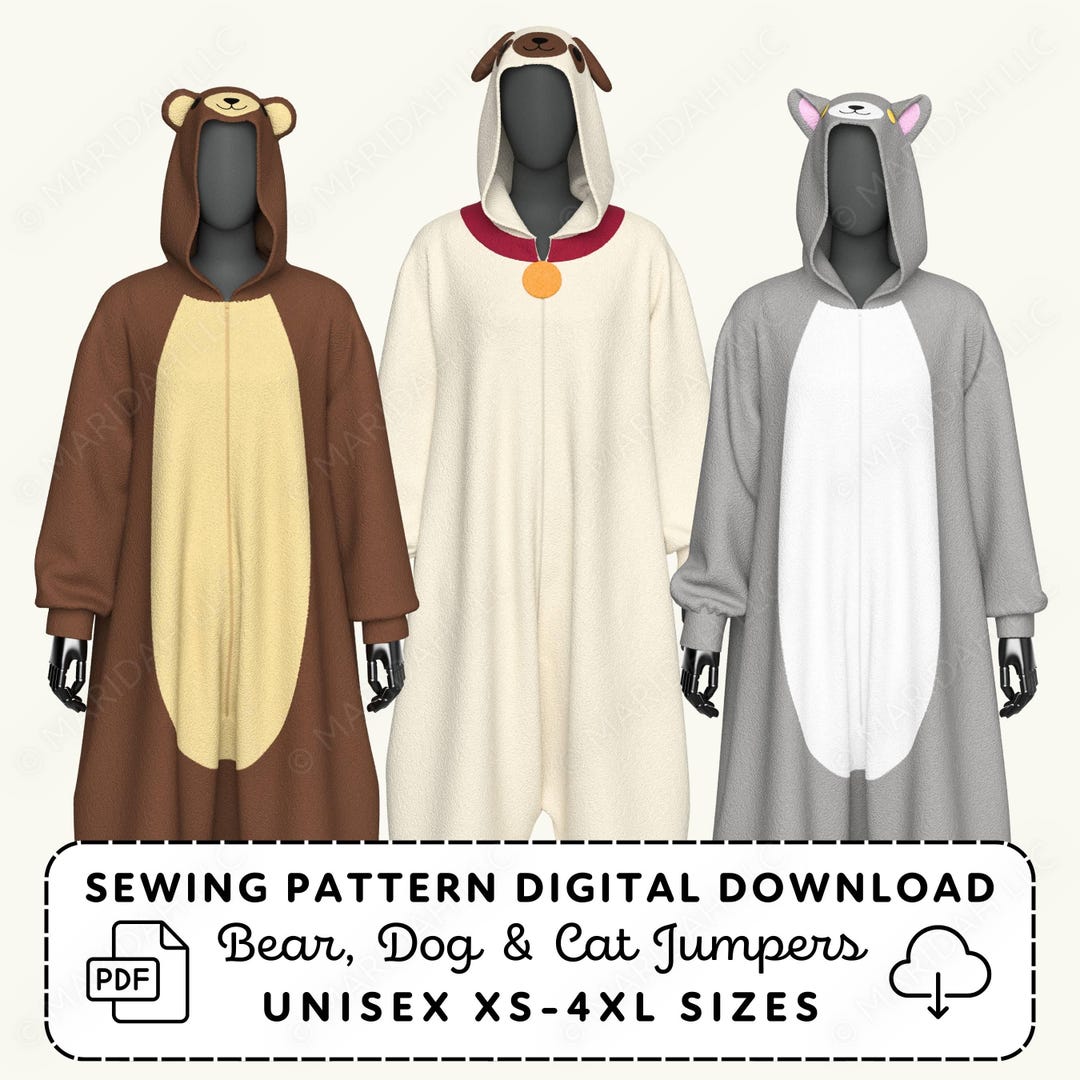 Kigurumi Sewing Pattern | Cat Dog Bear Cosplay Pajama Jumper XS-4XL ...