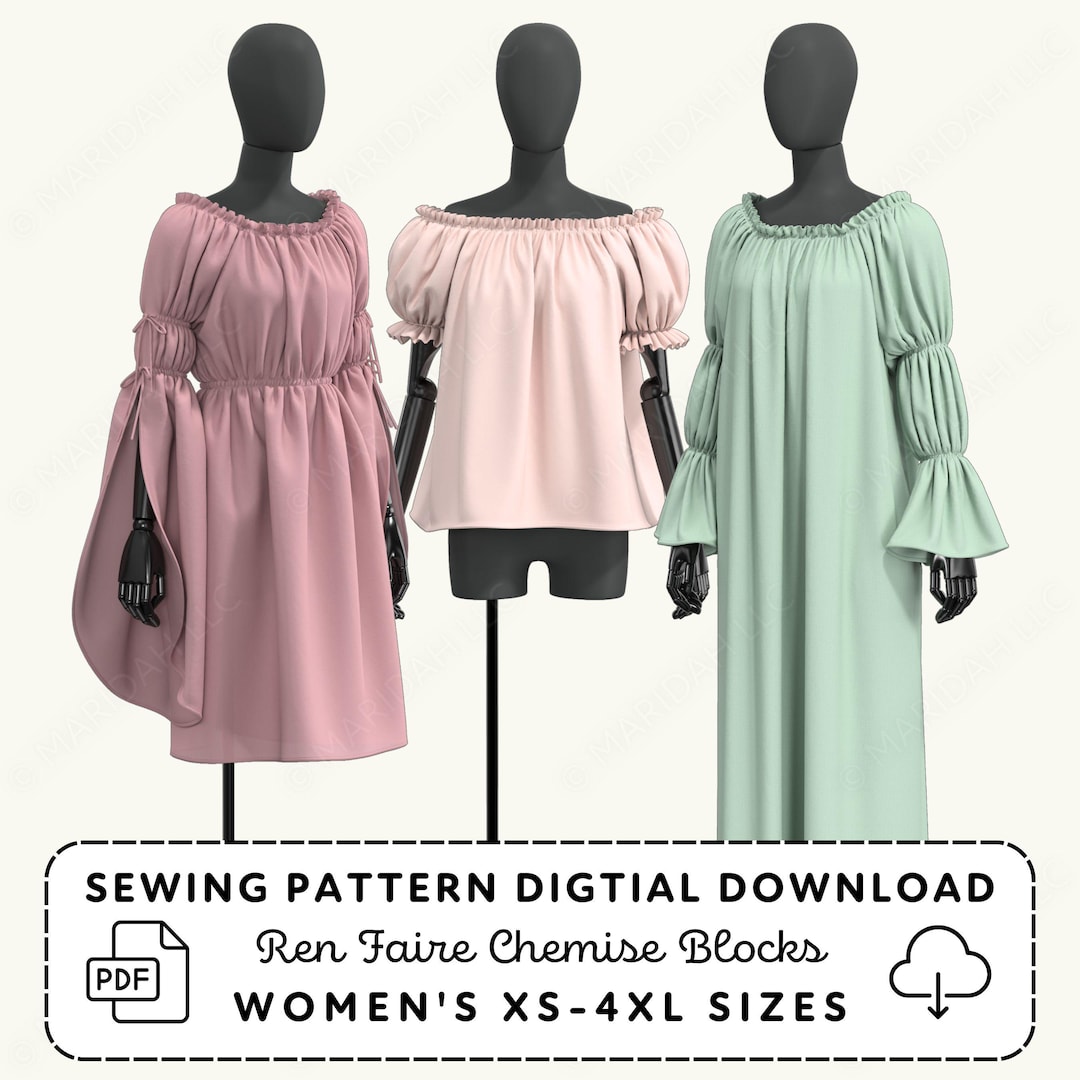 Chemise Sewing Pattern Set | Renaissance Medieval Costume Nightgown XS ...