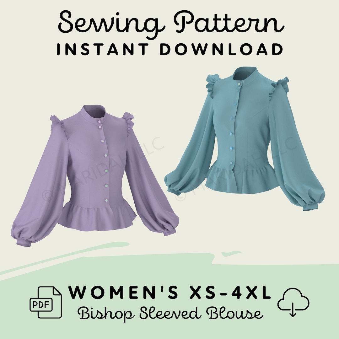 Bishop Sleeve Blouse Sewing Pattern | Womens XS-4XL Shirt Pattern ...