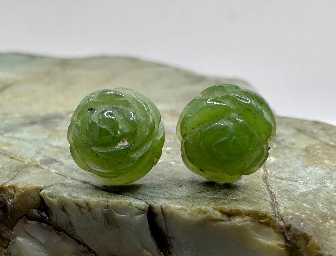 Carved Jade Flower With 14k Yellow Gold Stud Earrings No Backs - Etsy