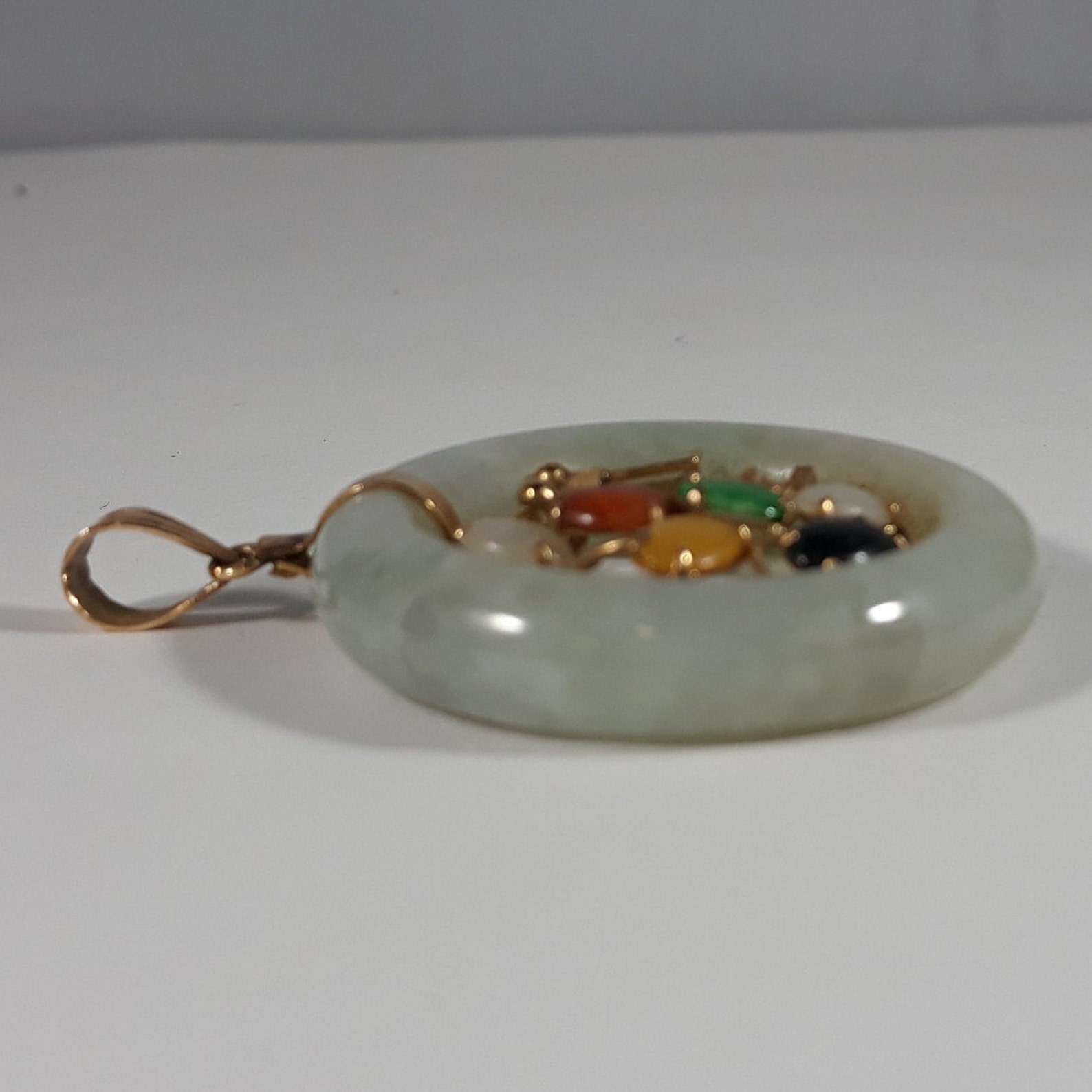 14K Jade Donut Pendant Gemstone Accents Solid Yellow Gold - Etsy