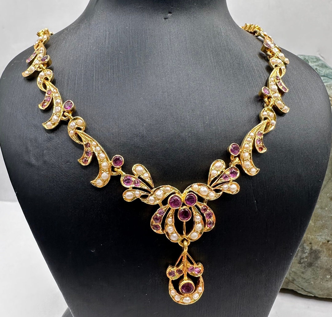 22k Yellow Gold Pearl and Ruby Bridal Necklace 16" (4750) - Etsy