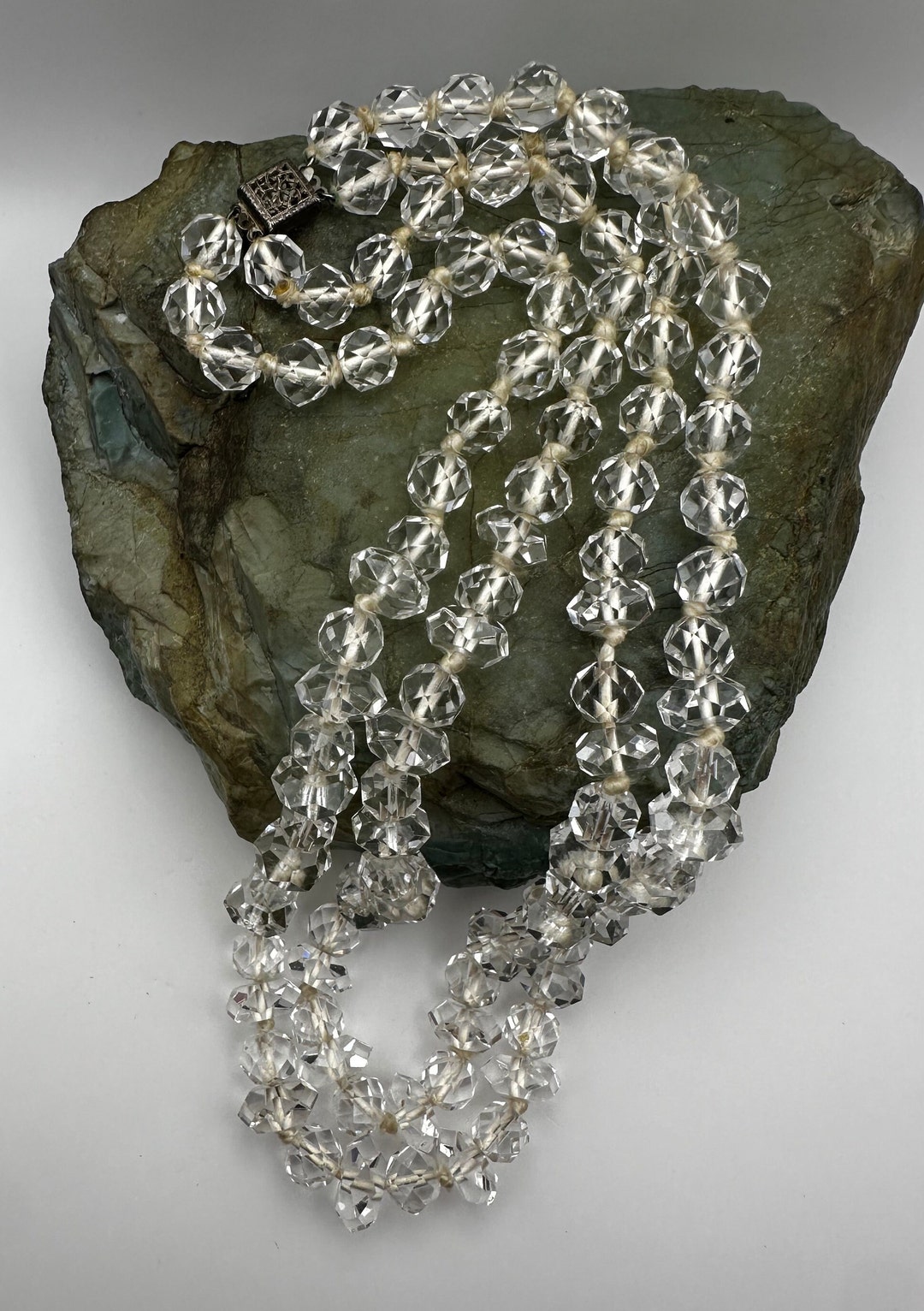 Vintage Clear Glass Faceted Bead Two Strand Necklace With Sterling ...