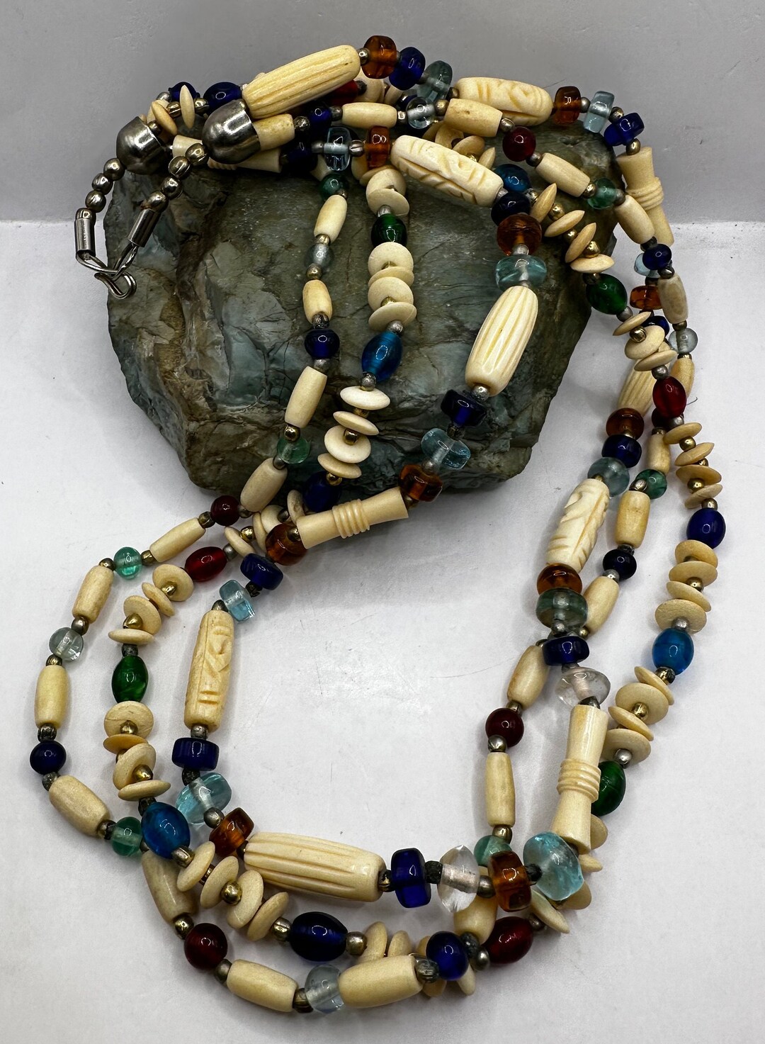 Vintage 1950s Tribal Bone Tube Beads and Glass Bead Triple Strand ...