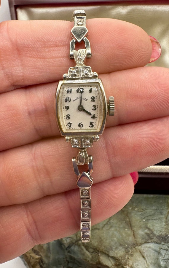 Antique 1950s Lady Elgin 14k White Gold and Diamond L… - Gem